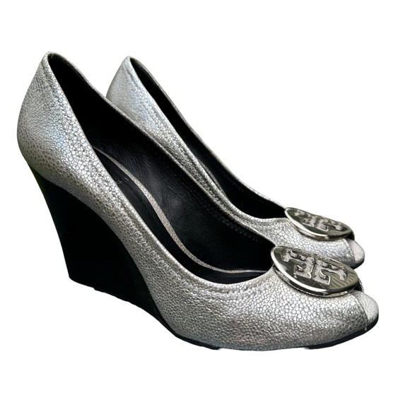 Tory Burch | Shoes | Tory Burch Silver Metallic Peep Toe Wedge Heel ...